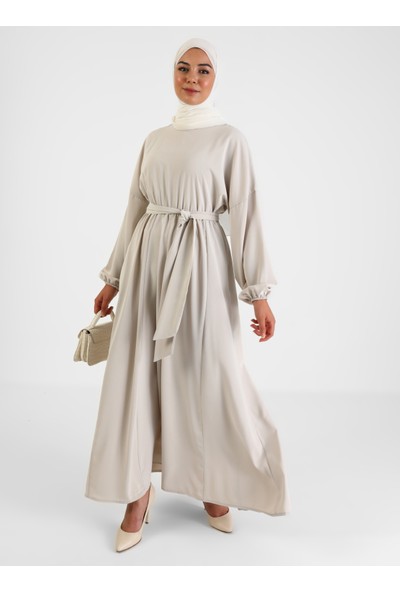 Tavin Kol Ucu Lastikli Beli Büzgülü Kloş Tesettür Elbise - Bej - Tavin