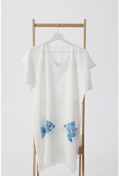 Favora Balık Desenli Pareo Kadın Plaj Elbisesi - Saks Favora Balık Desenli Pareo Kadın Plaj Elbisesi - Saks