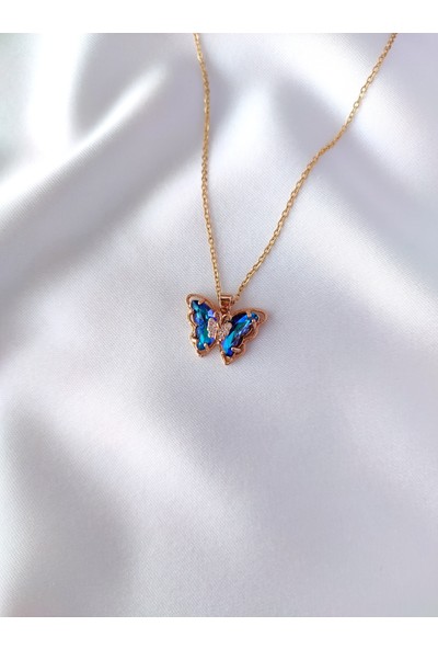 Kadın Gold Paslanmaz Çelik Kristal Cam Mavi Kelebek Kolye Kadın Gold Paslanmaz Çelik Kristal Cam Mavi Kelebek Kolye