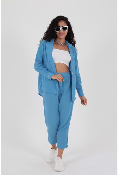 Coral Tek Cep Gömlekli Keten Takım Mavi