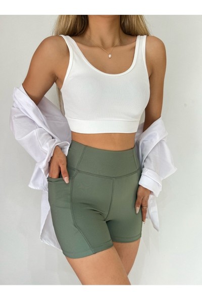 Mdz Collectıon Kadın Haki Yeşil Yüksek Bel Toparlayıcı Cepli Biker Şort