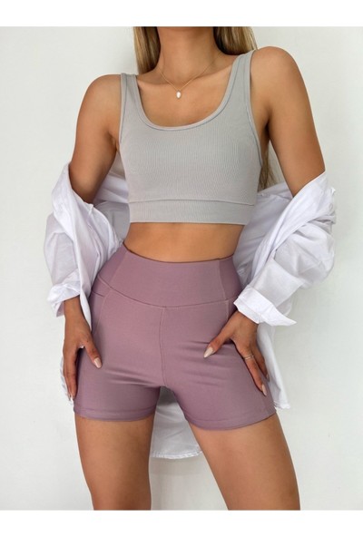 Mdz Collectıon Kadın Lila Yüksek Bel Toparlayıcı Cepli Biker Şort