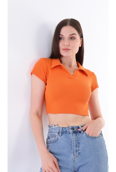 Turuncu Polo Yaka Crop Fitilli Örme Bluz Turuncu Polo Yaka Crop Fitilli Örme Bluz