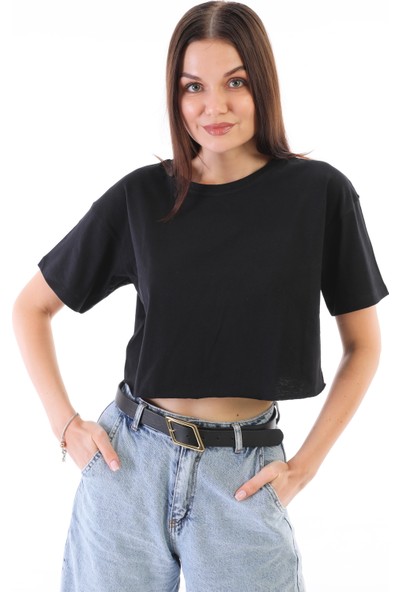 Bruh.ist Siyah Bisiklet Yaka Crop Örme T-Shirt %100 Pamuk Oversize Bruh.ist Siyah Bisiklet Yaka Crop Örme T-Shirt %100 Pamuk Oversize