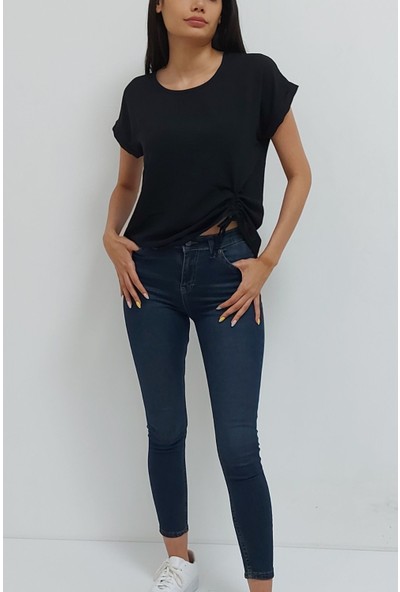 Sue Yandan Büzgülü Bluz Siyah