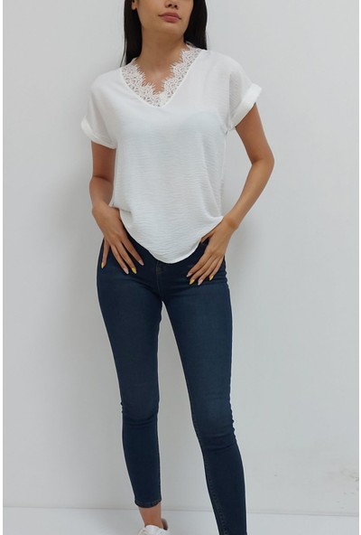 Dantelli Ayrobin Bluz Beyaz