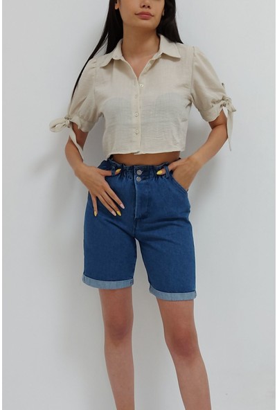 Kolu Bağcıklı Crop Gömlek Taş