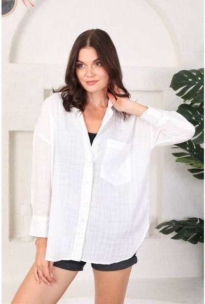 Qashmir Kadın Beyaz Cepli Keten Gömlek