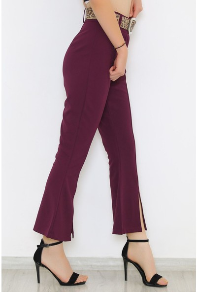 Ispanyol Paça Yırtmaçlı Kemerli Pantolon Mor - 24184.683.
