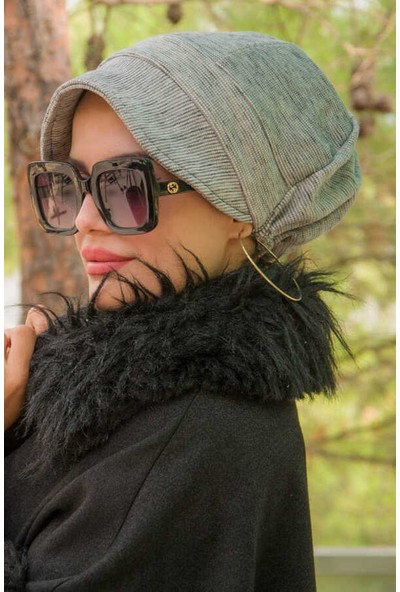 Karışık Cadde Gri Çizgili Atkılı Şapka - 30305