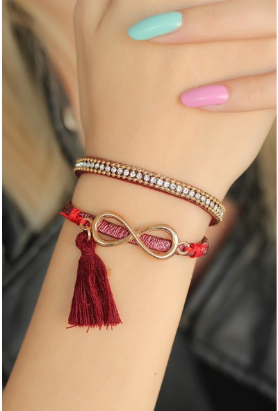 Bordo Renk Metal Sonsuzluklu Püsküllü Bayan Bileklik