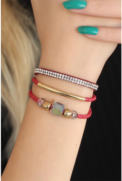 Taşlı Kırmızı Deri Bayan Bileklik Taşlı Kırmızı Deri Bayan Bileklik