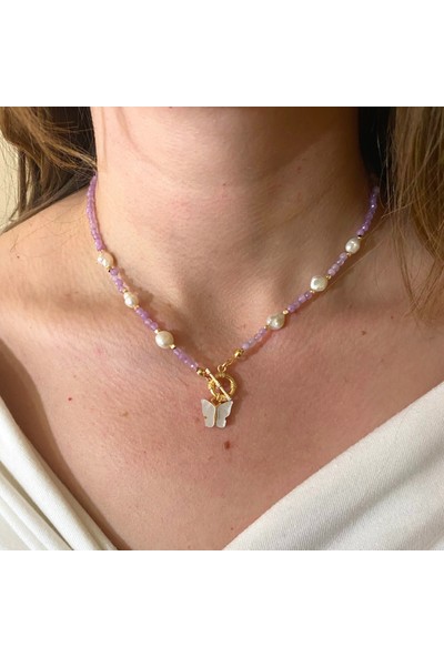 Suerte Accessories Ametist Doğal Taşlı Mallorca İncili Kelebek Uçlu El Yapımı Minimal Kolye Suerte Accessories Ametist Doğal Taşlı Mallorca İncili Kelebek Uçlu El Yapımı Minimal Kolye