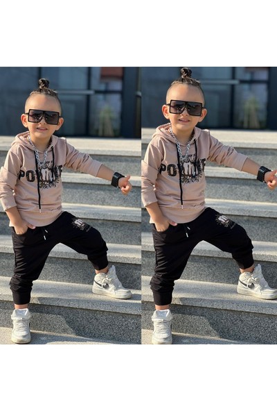 Power Baskılı Kapüşonlu Eşofman Takım