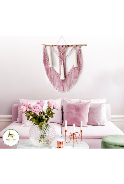 Ayışığı Art Makrome Duvar Süsü Makrome Büyük Pembe Beyaz Püsküllü Duvar Dekoru
