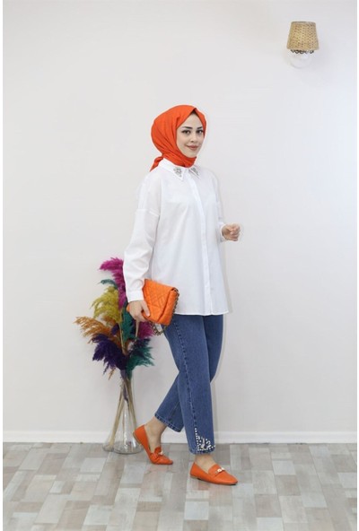 My Magazin Kadın Taş Işlemeli Poplin Kumaş Rahat Beyaz Gömlek