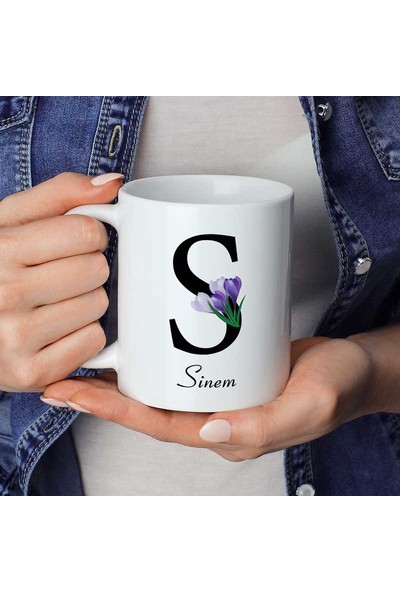 Kupa Market S Harfi Çiçek Desenli Monogramlı Kişiye Özel Kupa Bardak
