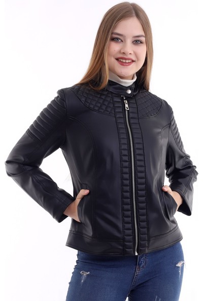 Önü Detaylı Kadın Deri Ceket Mont Siyah CRB7512S Önü Detaylı Kadın Deri Ceket Mont Siyah CRB7512S
