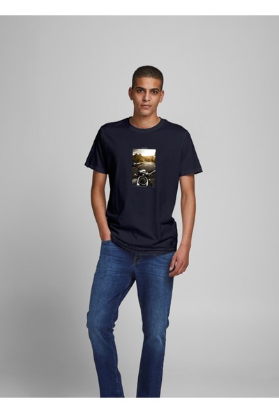 Jack & Jones 12214450_JPRBLUBIKER Print Ss Tee O Yaka Regular Fit Baskılı Lacivert Erkek T-Shirt