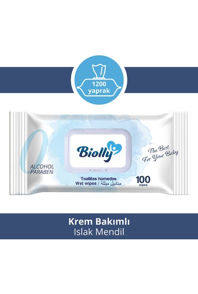 Biolly Krem Bakımlı Islak Mendil 12X100 Yaprak Biolly Krem Bakımlı Islak Mendil 12X100 Yaprak