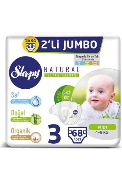 Sleepy Natural Bebek Bezi 2li Jumbo 3 Beden 4-9 kg 68 Adet Sleepy Natural Bebek Bezi 2li Jumbo 3 Beden 4-9 kg 68 Adet