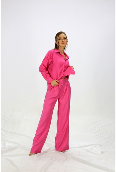 Massshe Pembe Oversize Gömlek Palazzo Pantolon Takım