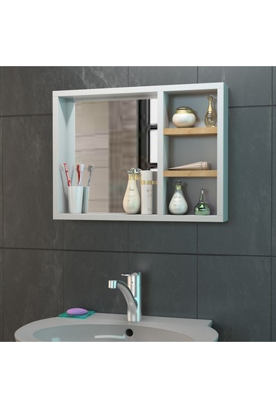 Floradesign Flora Riva Banyo Aynası Raf 45*60 cm (Beyaz +Meşe)