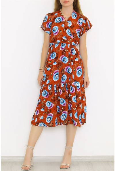 Modaymış Kruvaze Yaka Elbise Çiçeklikiremit - 9699.701.