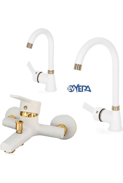 Evyepa Beyaz Altın Gold Musluk Mutfak Eviye, Lavabo Musluk, Banyo Batarya Tamamen Pirinç 3'lü Set, 3 Parça Evyepa Beyaz Altın Gold Musluk Mutfak Eviye, Lavabo Musluk, Banyo Batarya Tamamen Pirinç 3'lü Set, 3 Parça