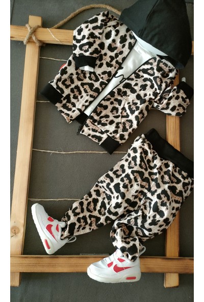 Betüş Bebe Kız Bebek Kışlık Leopar Bodyli 3'lü Alt Üst Takım