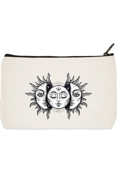 Day Store Clutch Ay ve Güneş Baskılı Bez Makyaj Çantası