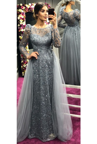 Abiyenial Şık Sim Payetli Etek Tül Abiye Elbise Gri 7215