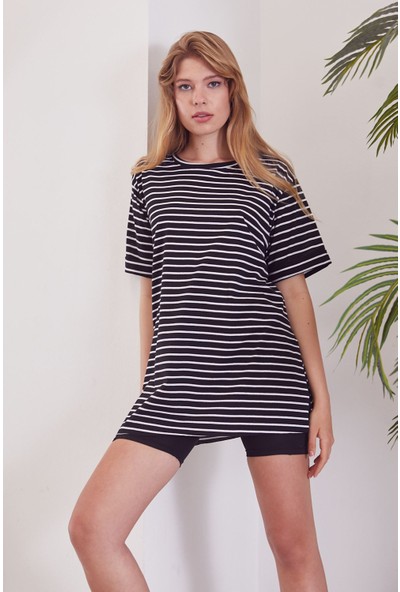 Lime Moda Yırtmaçlı Çizgili T-Shirt-Siyah