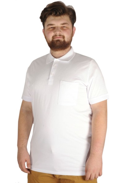 ModeXL Büyük Beden T-Shirt Polo Cepli Lycra Pike Md 20554 Beyaz