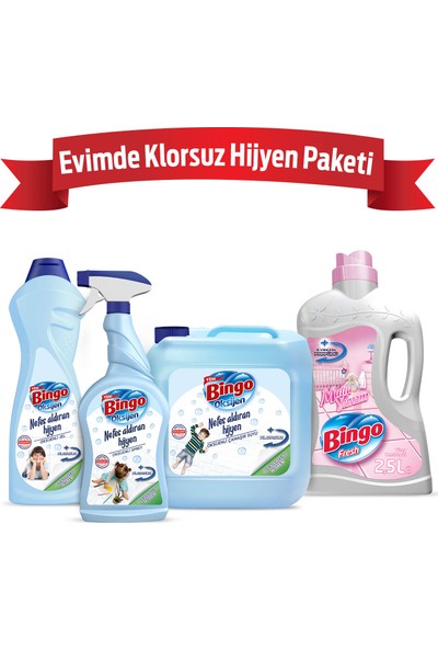 Evimde Klorsuz Hijyen Seti; Bingo Oksijen Çamaşır Suyu 3,24 Lt Okaliptus + Bingo Oksijen Sprey 750 Ml Okaliptus + Bingo Oksijen Jel 750 Ml Derinlemesine Hijyen + Bingo Fresh 2,5 Lt Mutlu Yuvam Evimde Klorsuz Hijyen Seti; Bingo Oksijen Çamaşır Suyu 3,24 Lt Okaliptus + Bingo Oksijen Sprey 750 Ml Okaliptus + Bingo Oksijen Jel 750 Ml Derinlemesine Hijyen + Bingo Fresh 2,5 Lt Mutlu Yuvam