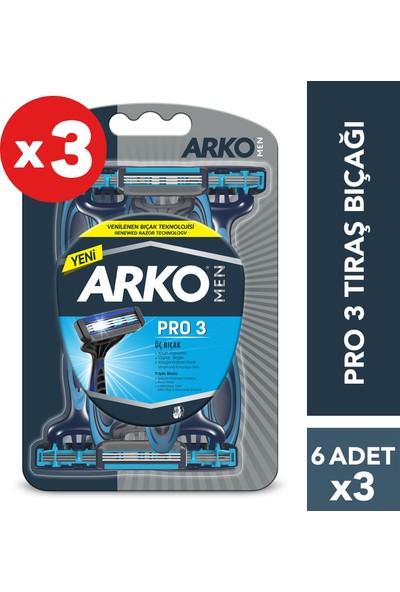 Arko Men T3 Pro 3 Bıçaklı Tıraş Bıçağı 18'li