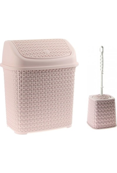 Redro Home 2'Li Set 10 Lt Çöp Kovası Ve Klozet Fırçası Bir Arada Pudra Renk