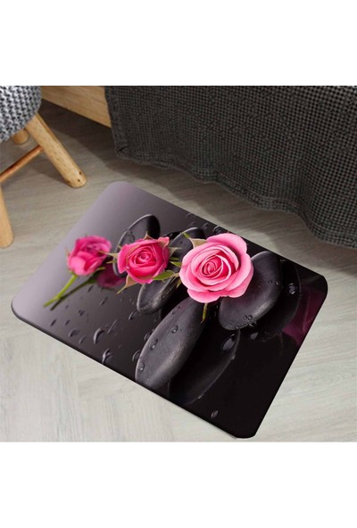 Else Halı Siyah Pembe Güllü Spa Taş Dekoratif Ev İçi Kapı Önü Paspası Else Halı Siyah Pembe Güllü Spa Taş Dekoratif Ev İçi Kapı Önü Paspası