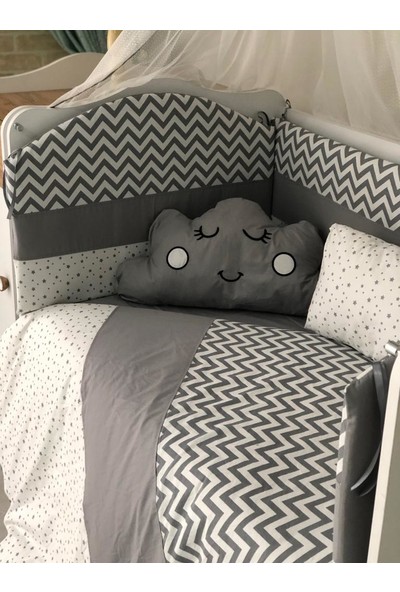 Mini Baby Figürlü Beyaz Zigzaglı Gri Bebek Uyku Seti 11 Parça