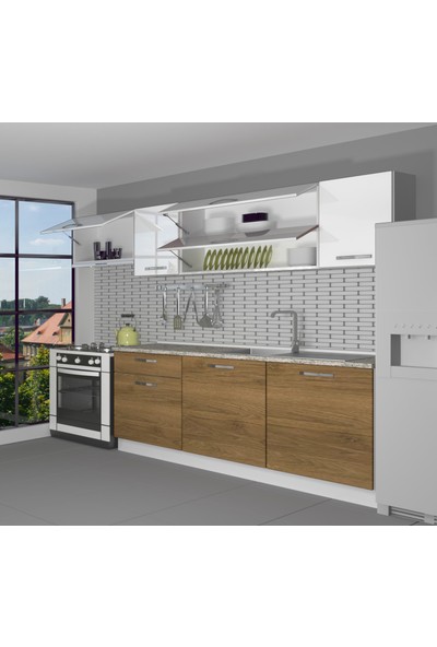 Decoraktiv Hazır Mutfak Dolabı Ekol 240 cm Pera & Parlak Beyaz -Tezgah Dahil