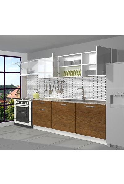 Decoraktiv Hazır Mutfak Dolabı Smart 240 cm Ceviz & Parlak Beyaz -Tezgah Dahil Decoraktiv Hazır Mutfak Dolabı Smart 240 cm Ceviz & Parlak Beyaz -Tezgah Dahil