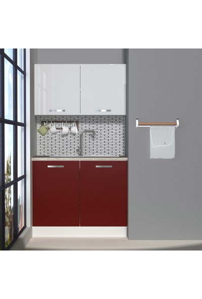 Decoraktiv Hazır Mutfak Dolabı Mini 100 cm Bordo & Parlak Beyaz -Tezgah Dahil