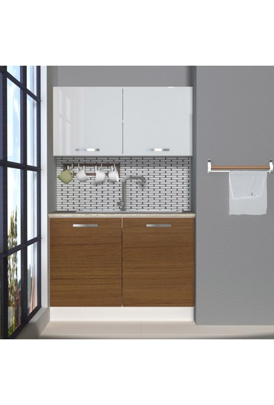 Decoraktiv Hazır Mutfak Dolabı Mini 120 cm Ceviz & Parlak Beyaz -Tezgah Dahil Decoraktiv Hazır Mutfak Dolabı Mini 120 cm Ceviz & Parlak Beyaz -Tezgah Dahil