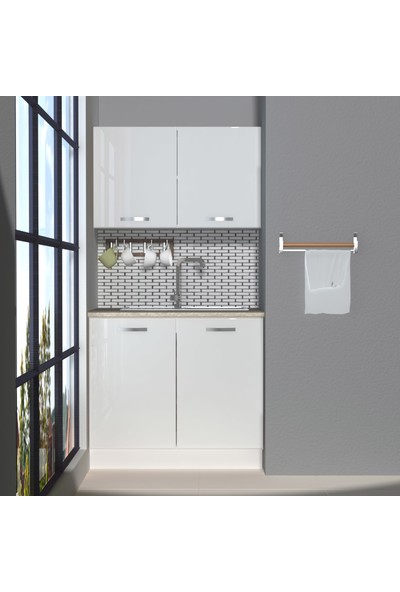 Decoraktiv Hazır Mutfak Dolabı Mini 90 cm Parlak Beyaz -Tezgah Dahil