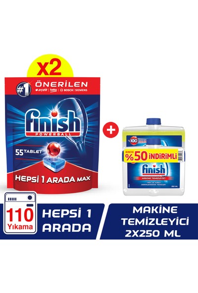 Finish Hepsi Bir Arada 110 Tablet Bulaşık Makinesi Deterjanı (55x2) + Makine Temizleyici Sıvı 2x250 ml Finish Hepsi Bir Arada 110 Tablet Bulaşık Makinesi Deterjanı (55x2) + Makine Temizleyici Sıvı 2x250 ml