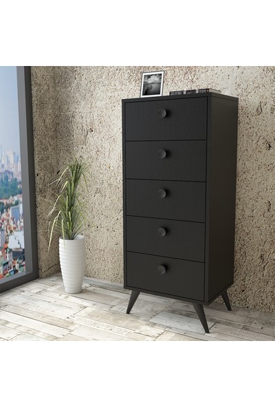 Yurudesign Vilamo Komodin Ahşap Ayak 5 Çekmece Siyah VL70-332 Yurudesign Vilamo Komodin Ahşap Ayak 5 Çekmece Siyah VL70-332