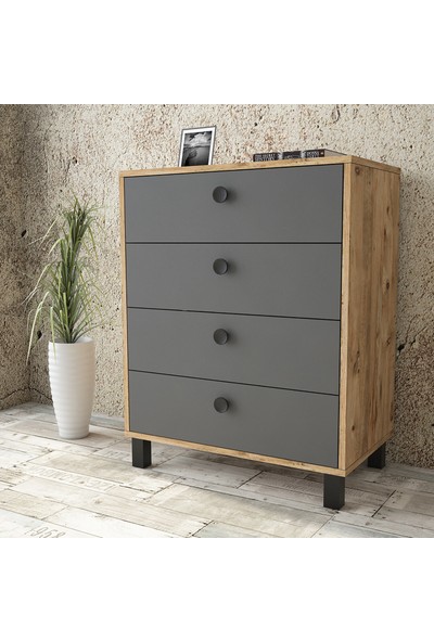 Yurudesign Vilamo Şifonyer Ahşap Ayak 4 Çekmece Çam-Antrasit-Siyah VL80-228 Yurudesign Vilamo Şifonyer Ahşap Ayak 4 Çekmece Çam-Antrasit-Siyah VL80-228