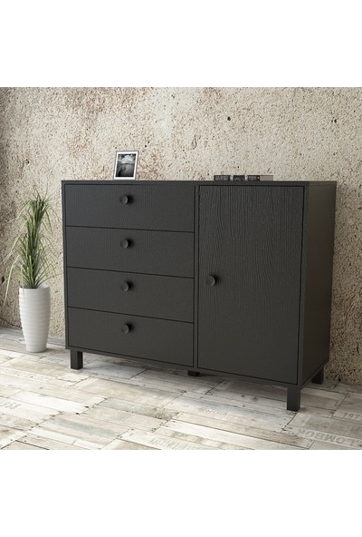 Yurudesign Vilamo Şifonyer Ahşap Ayak 4 Çekmece Kapaklı Siyah VL81-338