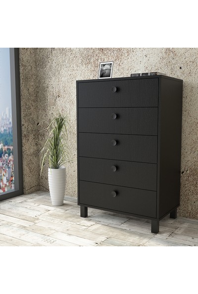 Yurudesign Vilamo Şifonyer Ahşap Ayak 5 Çekmece Siyah VL82-338 Yurudesign Vilamo Şifonyer Ahşap Ayak 5 Çekmece Siyah VL82-338