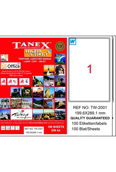 Tanex TW-2001 199,6x289,1 mm Laser Etiket 100 Ad.